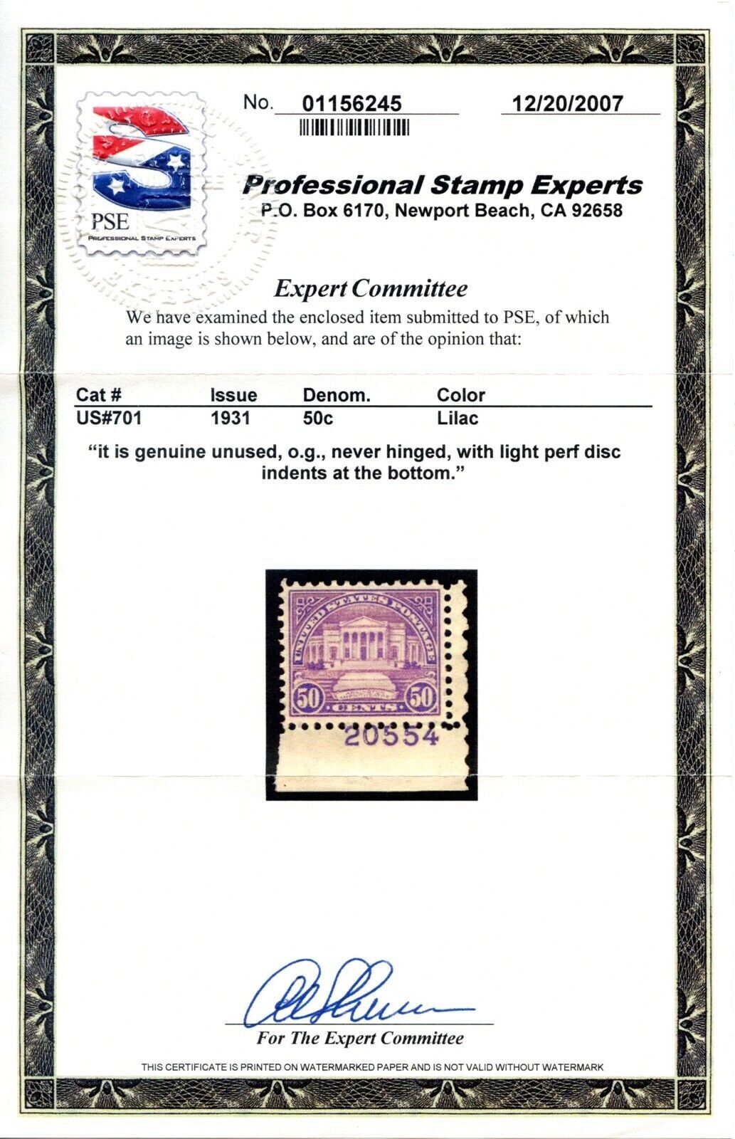 US Scott #701 PL# Mint-Vf-Og-Nh W/ PSE Cert (6/5/24 GP) | United States ...