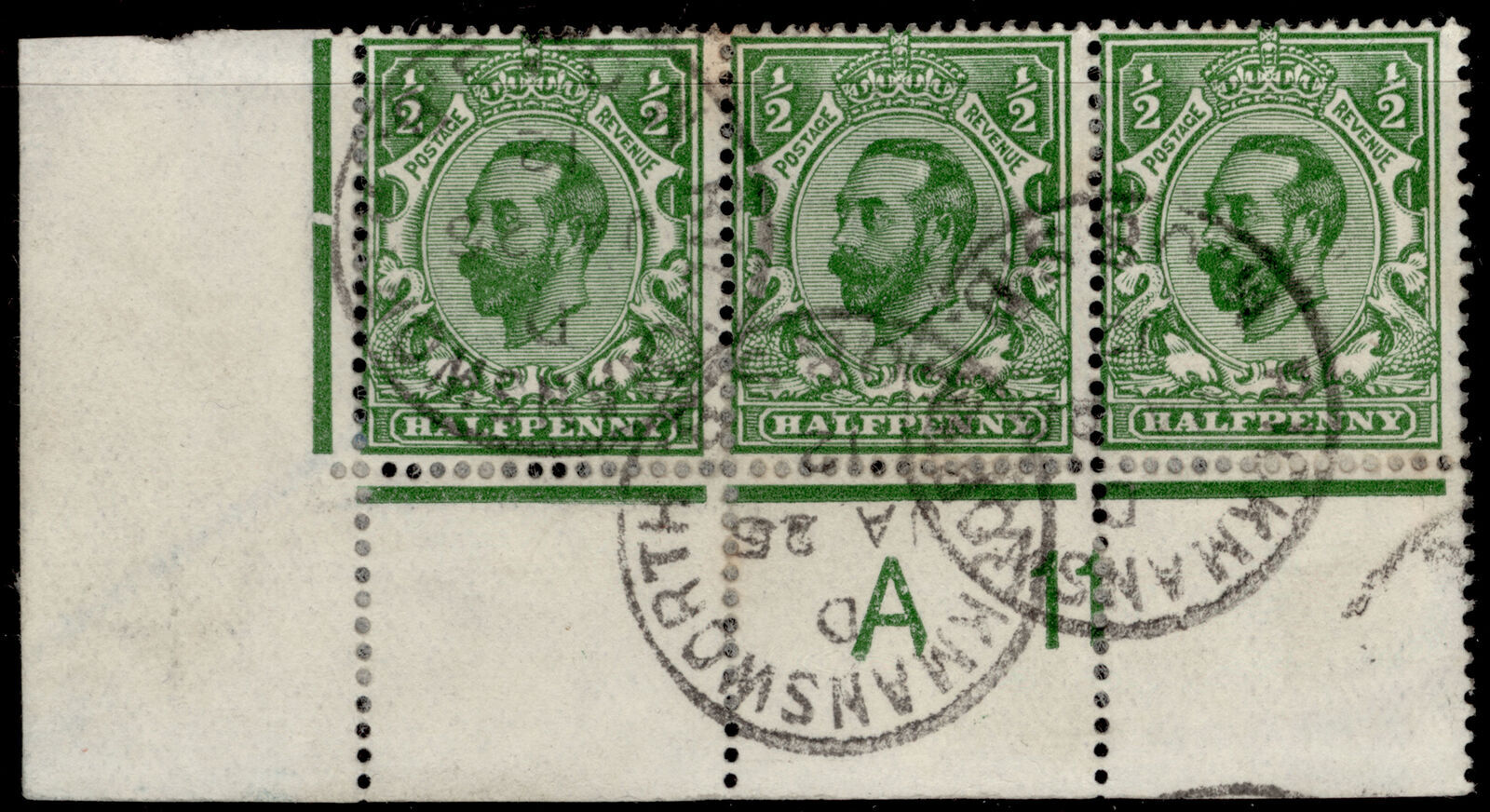 GB GV SG324 SPEC N2(3), ½d yellow-green DIE B, FU. CONTROL A11 strip of ...