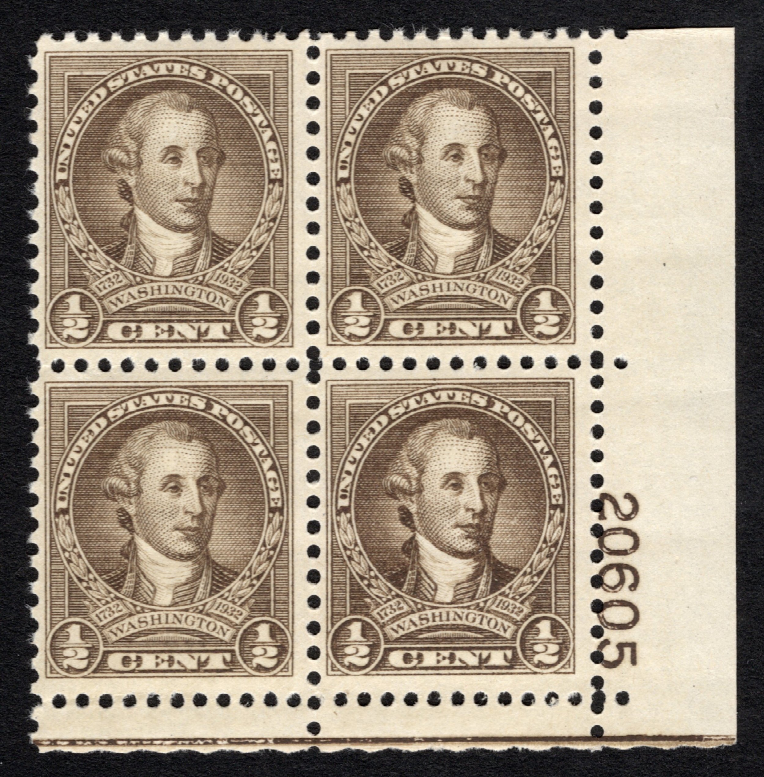 MNH 1932 Half Cent Washington Bicentennial Stamp PNB, Scott #704 ...