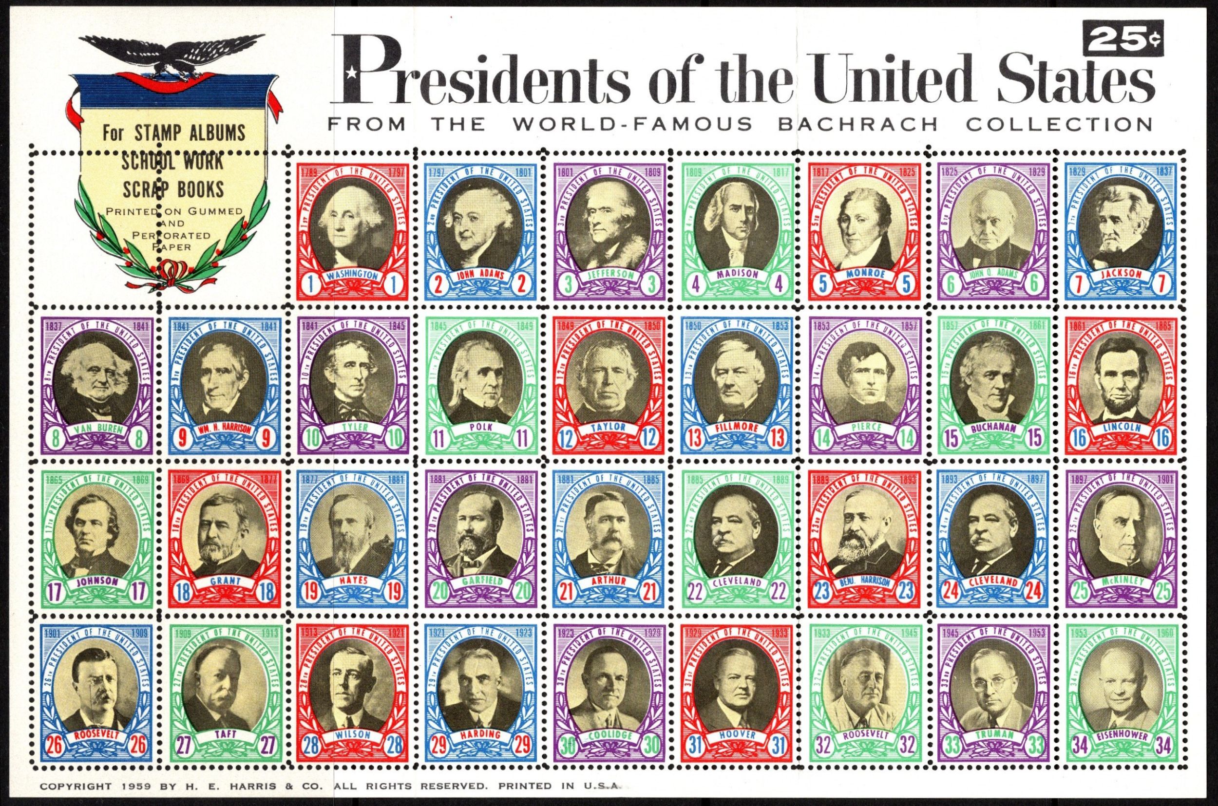 1959 US Poster Stamp Presidents of United States From The Bachrach ...