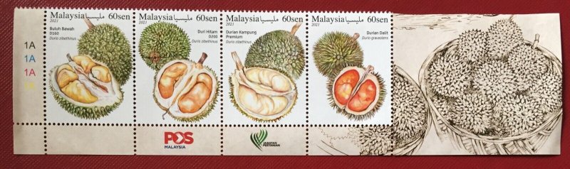 Malaysia 2021 King of Fruits in Malaysia - Durian 4V Strip Margin Plate ...