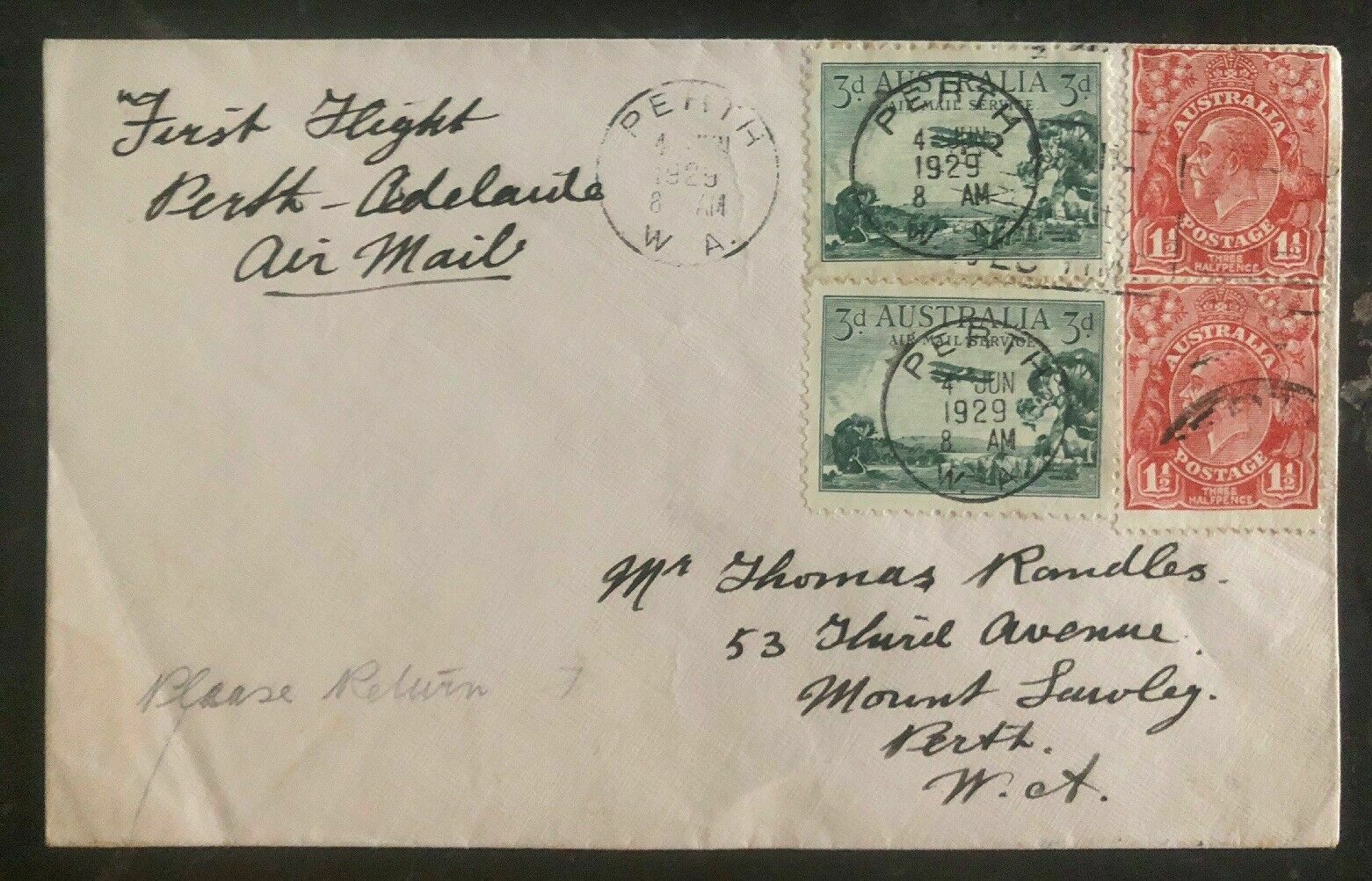 1929 Perth Australia First Flight Airmail Cover FDC To Adelaide ...
