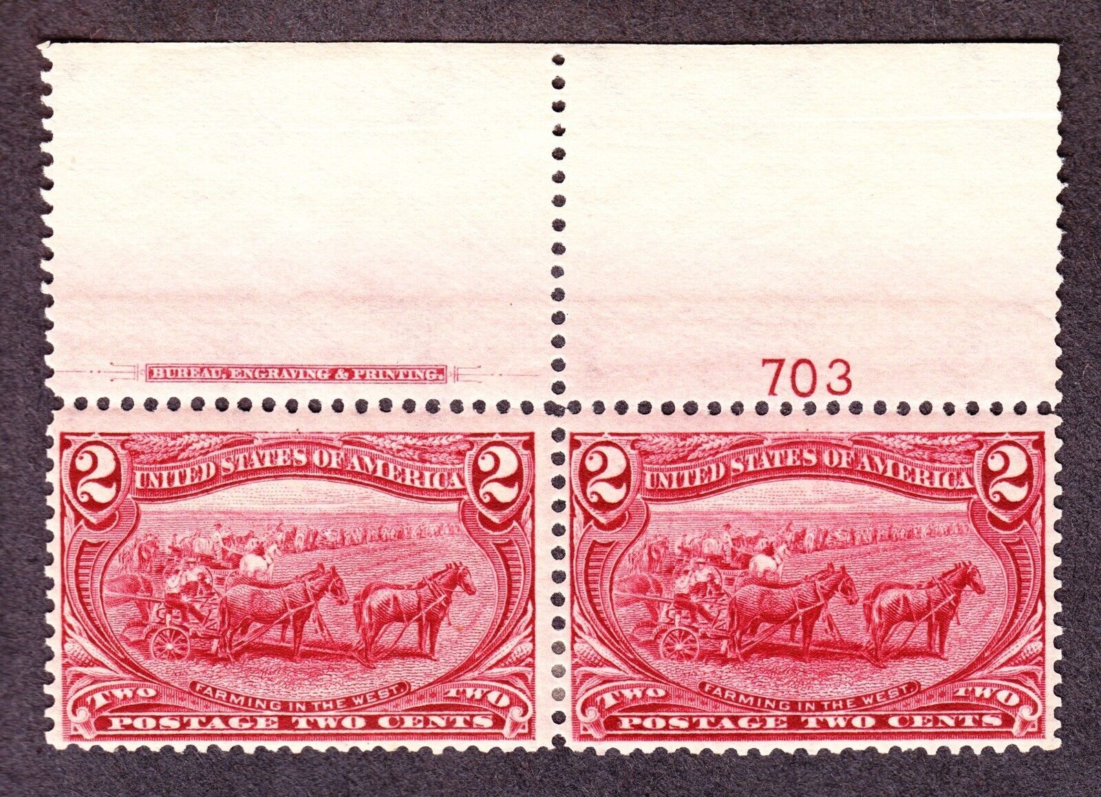 US 286 2c Trans-Mississippi Mint Plate #703 Top Pair F-VF OG H SCV $60 ...