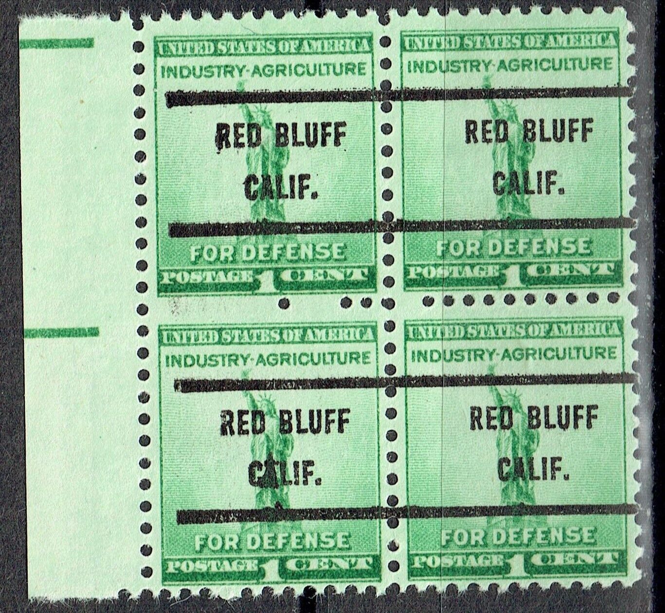 1940 1c DEFENSE with precancel f/ RED BUFF CA (899-71) Margin blk of 4 ...