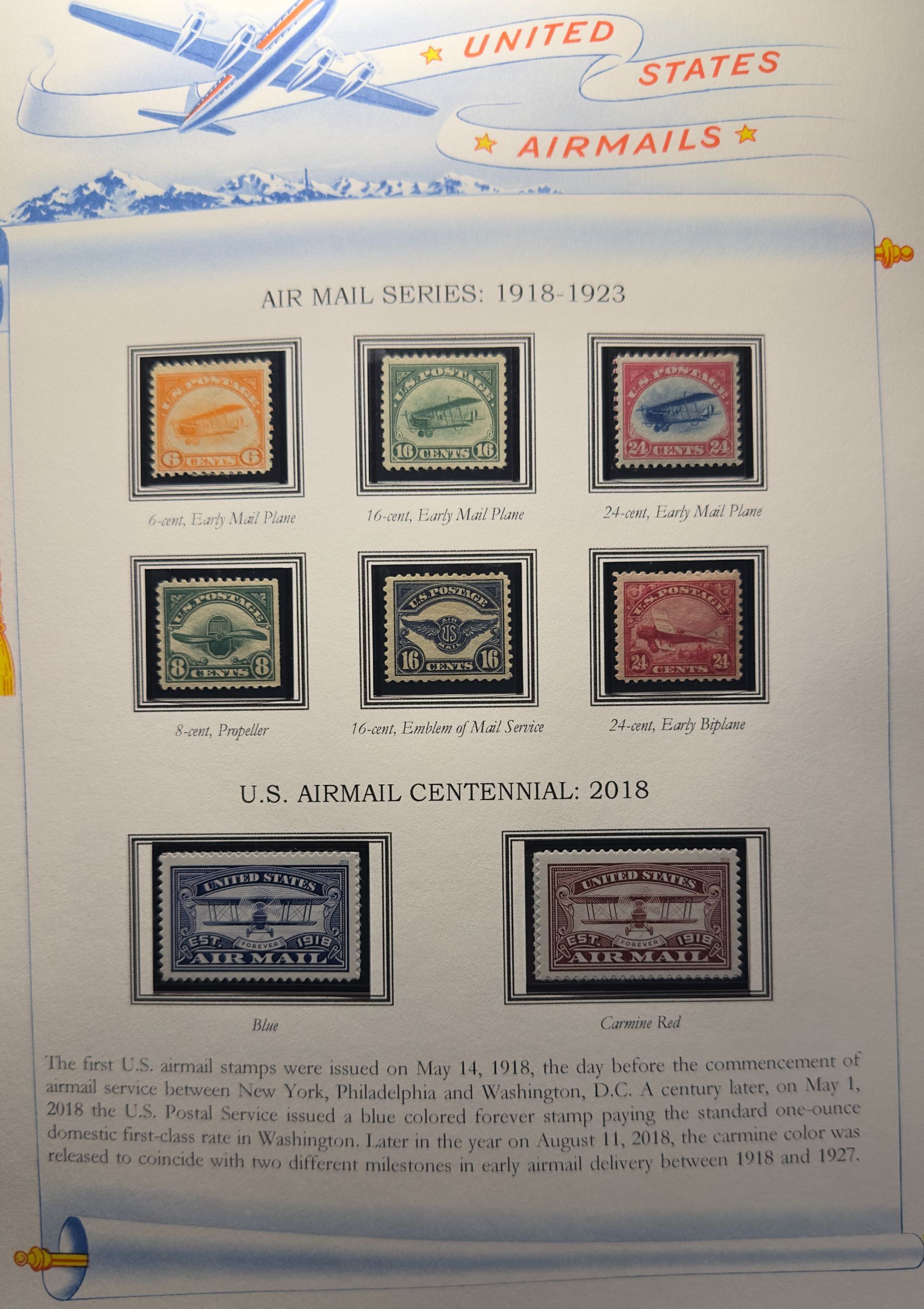 US Scott #C1, C2, C3, C4, C5, C6 on White Ace page, NICE centering ...