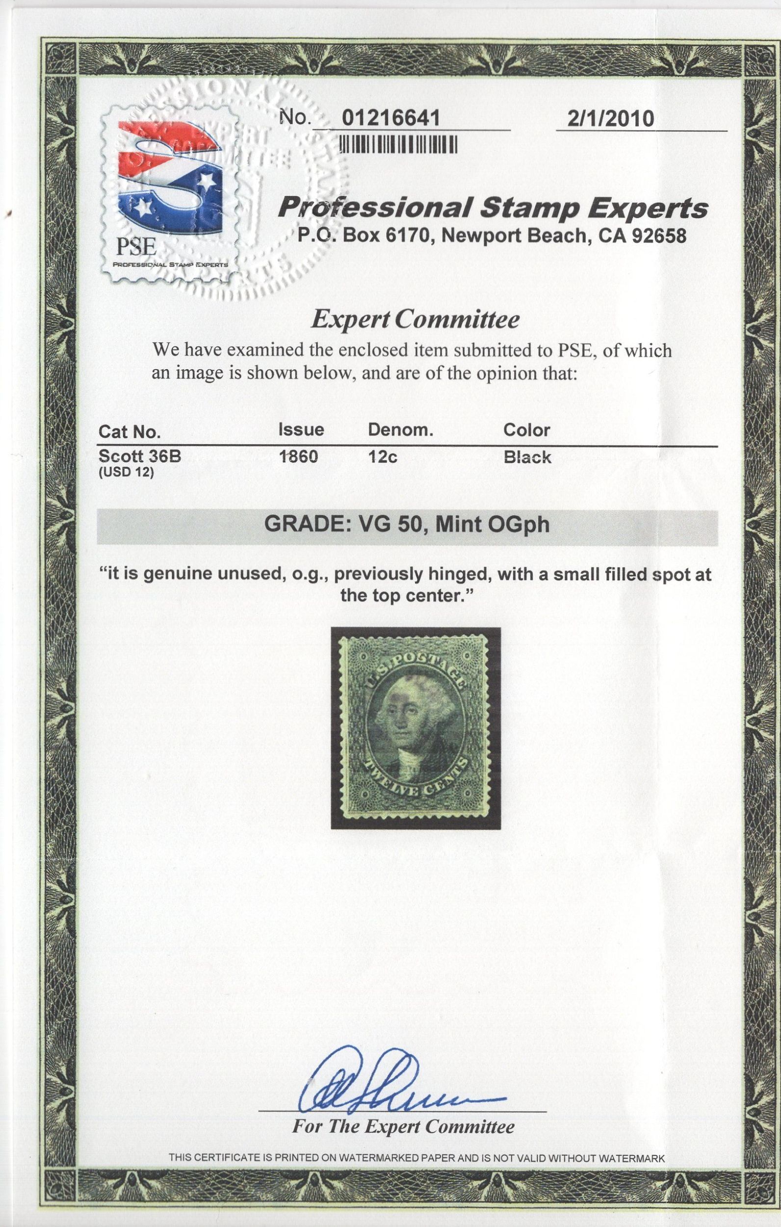 CERTIFIED US Stamp #36B 12c Black Washington MINT HINGED SCV $700. PSE ...