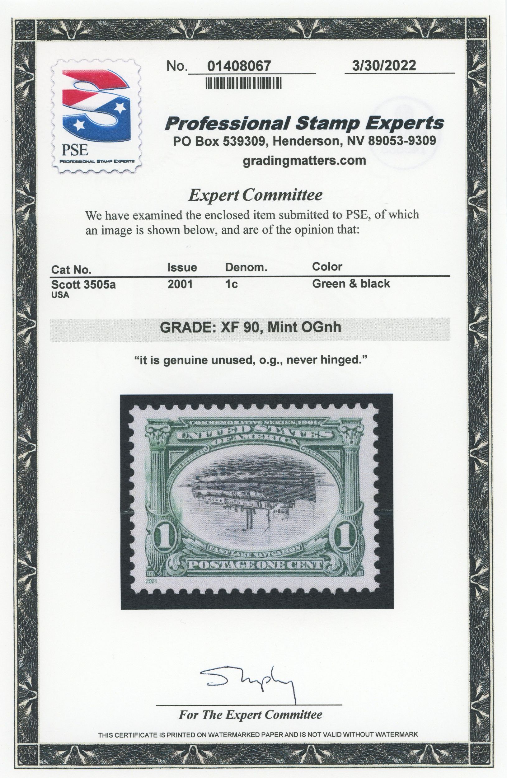 USA 3505a - 1 cent Pan-American Invert Cent. - PSE Graded Cert: XF 90 ...