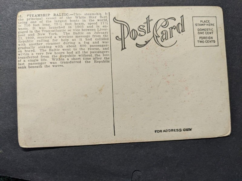Steamer SS BALTIC, White Star Line Unused Navy Postcard | United States ...
