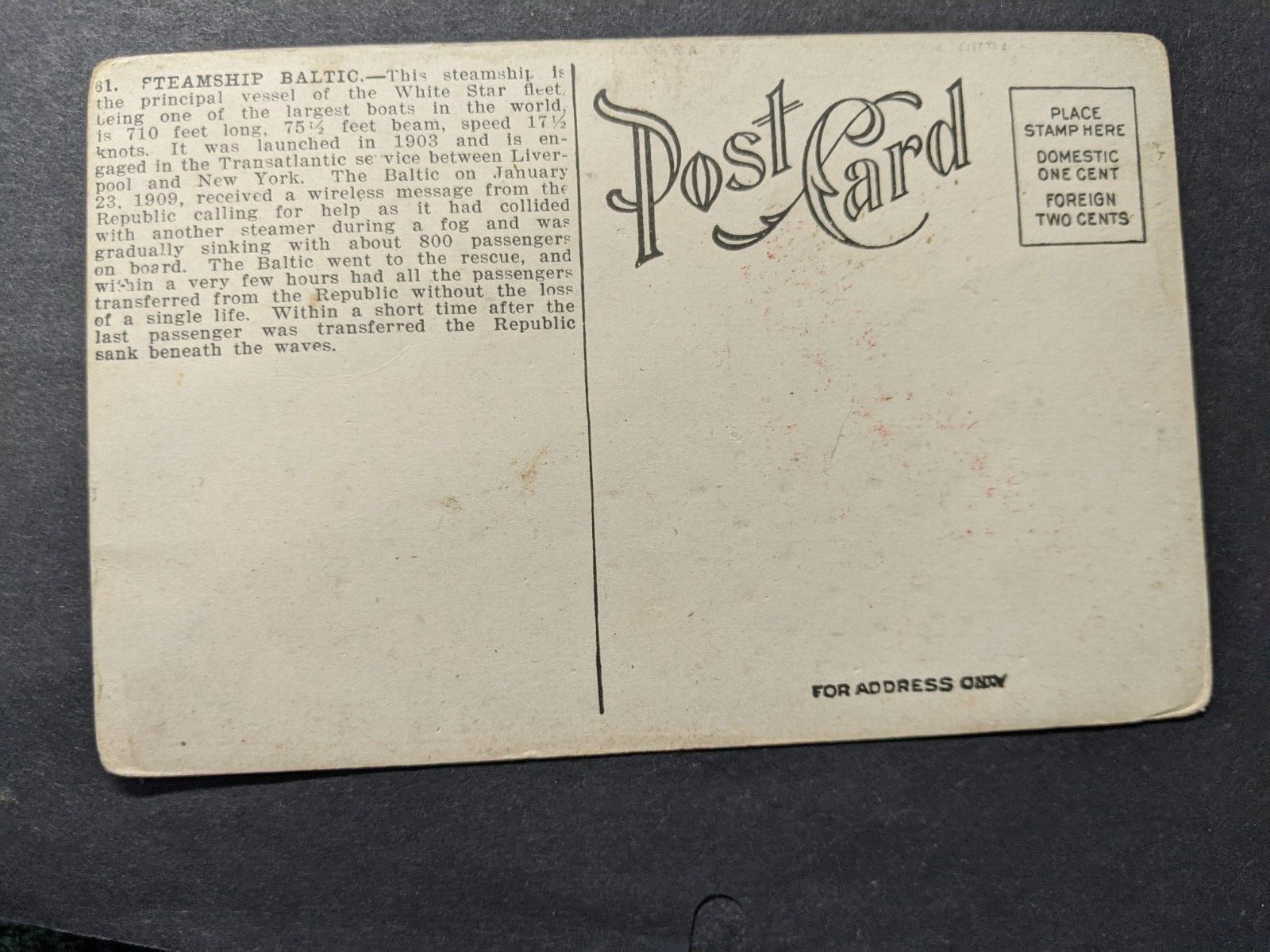 Steamer SS BALTIC, White Star Line Unused Navy Postcard | United States ...