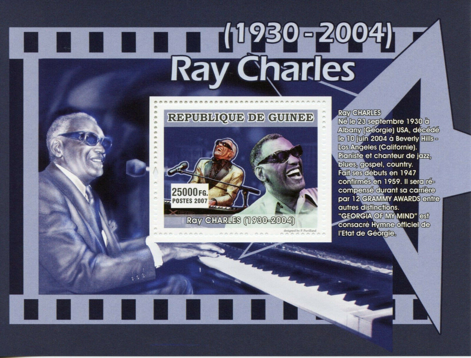 Guinea Music Stamps 2007 MNH Ray Charles Famous People Singers 1v S/S ...