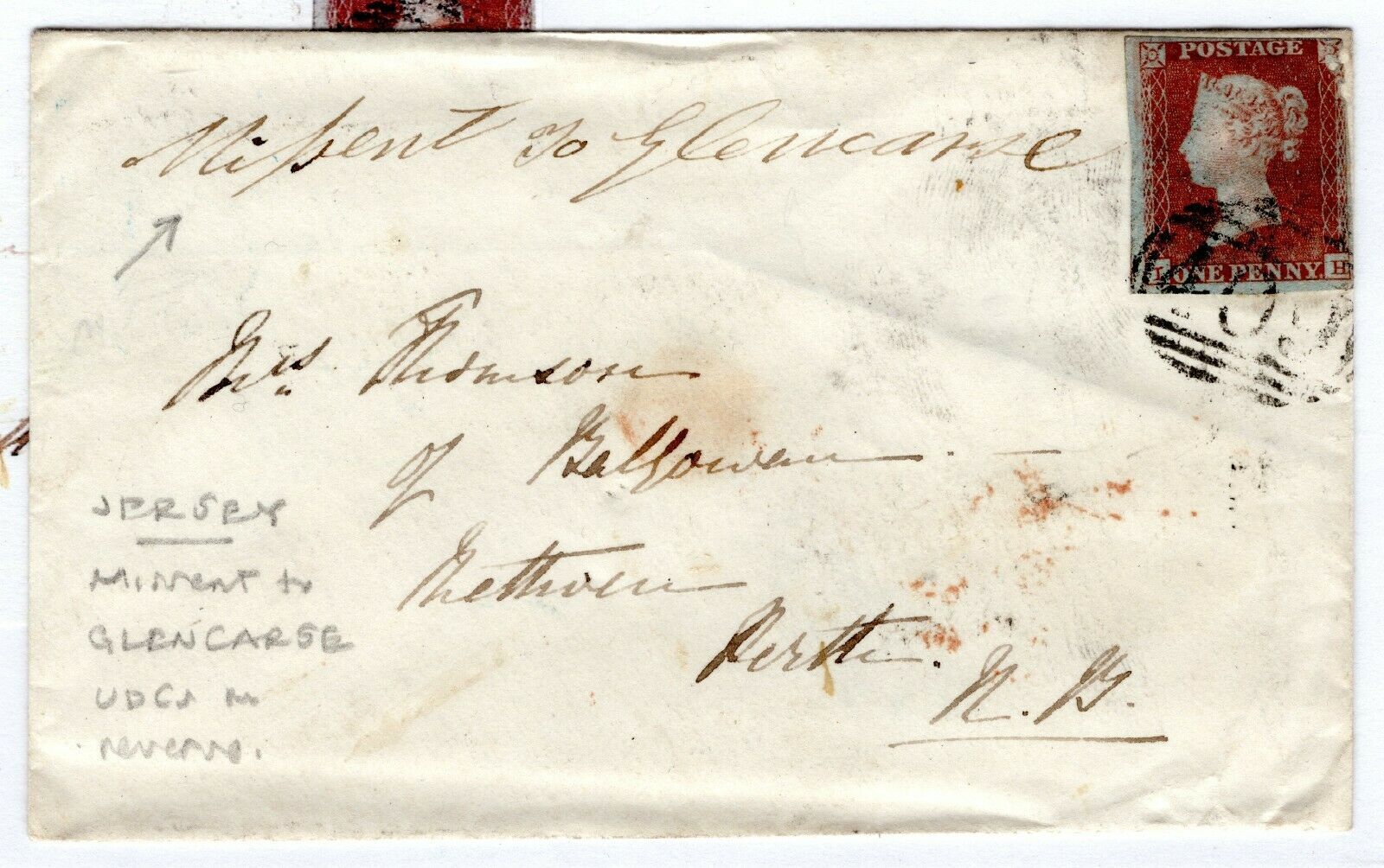 GB Channel Is JERSEY Cover MISSENT *GLENCARSE* UDC Scotland 1d Red 1852 ...