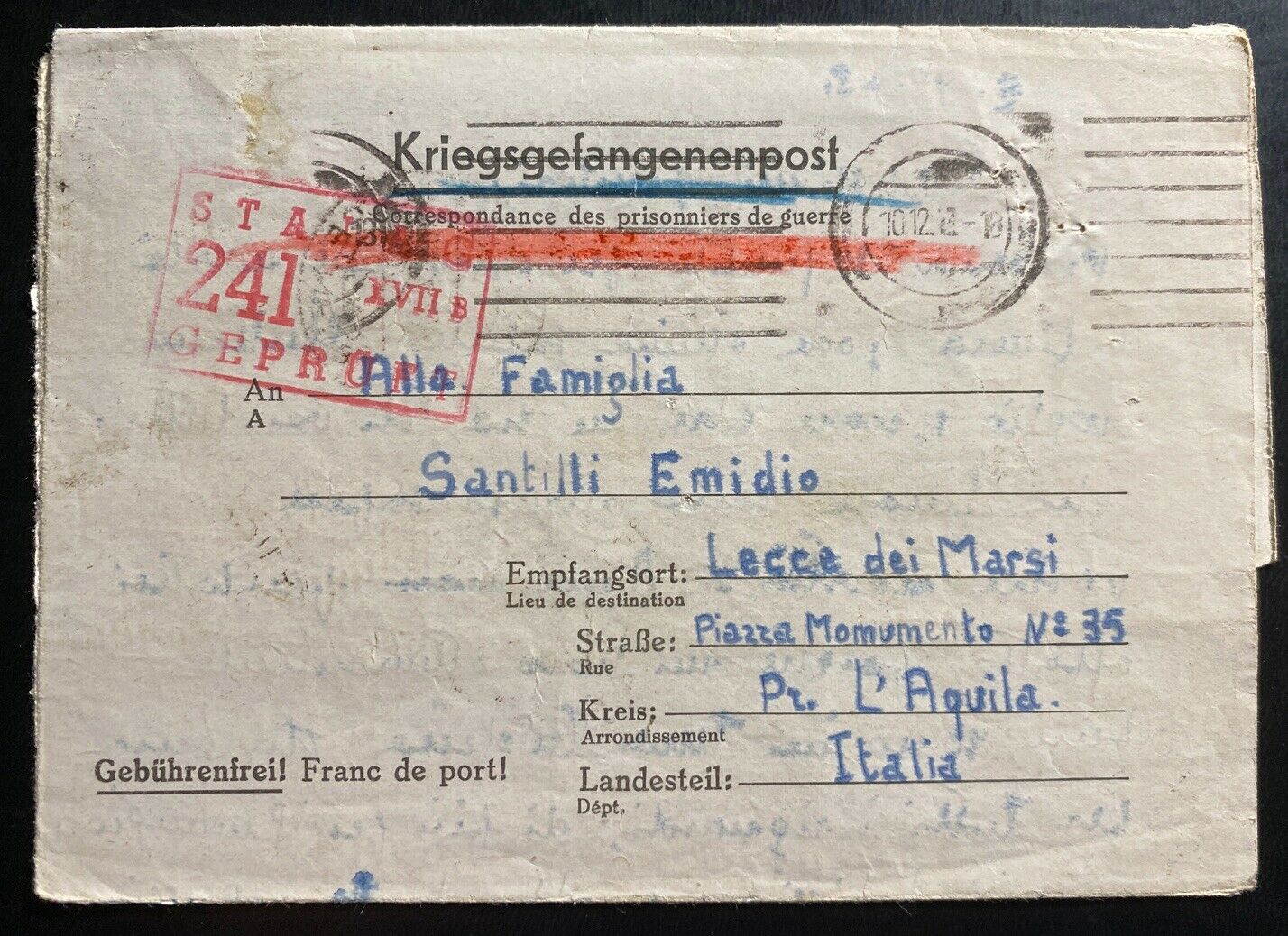 1943 Germany Stalag 17A POW Prisoner of War Letter Cover To Aquila ...