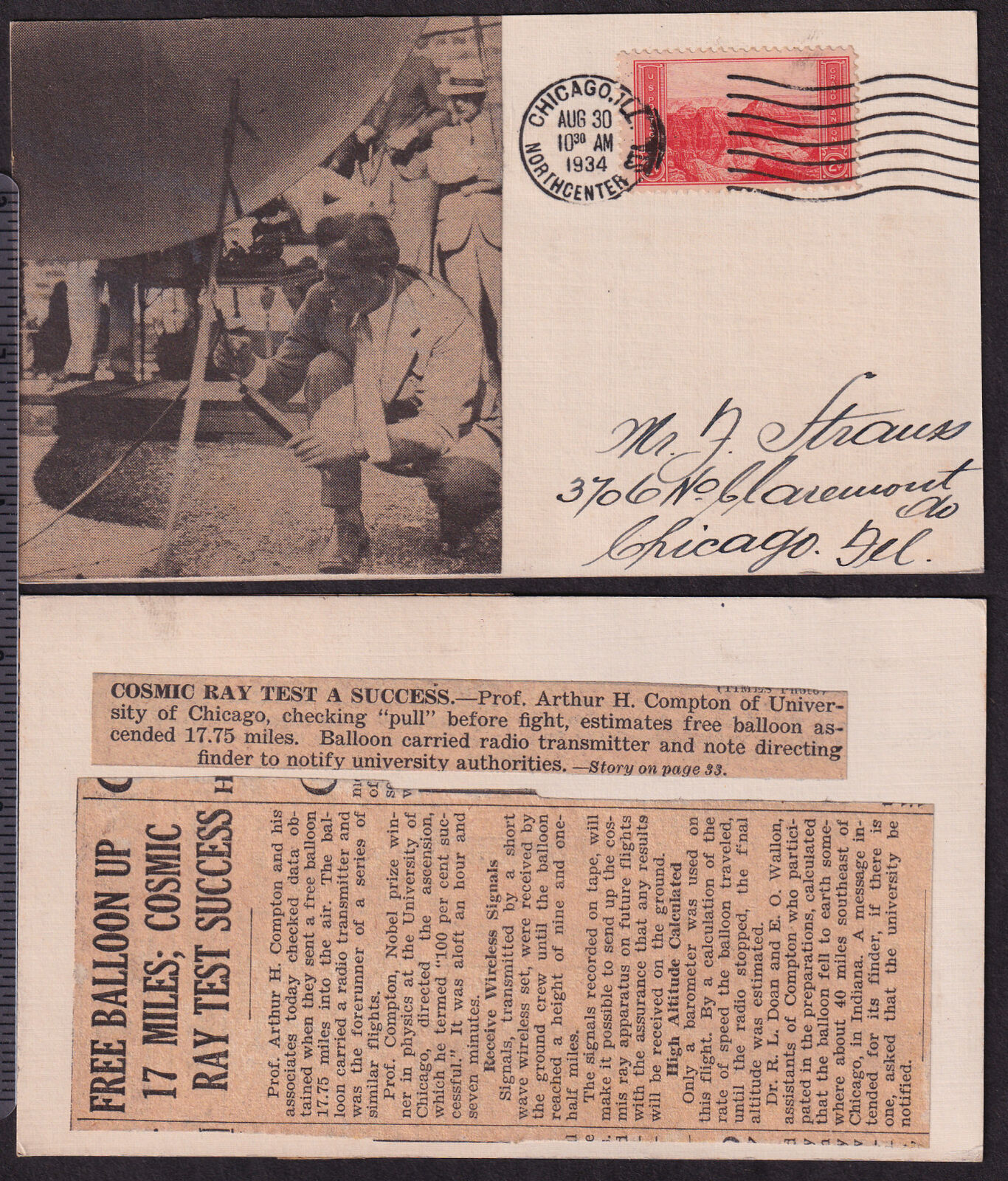 1933 Arthur H. Compton, Nobel Laureate cosmic ray balloon flight to 17 ...