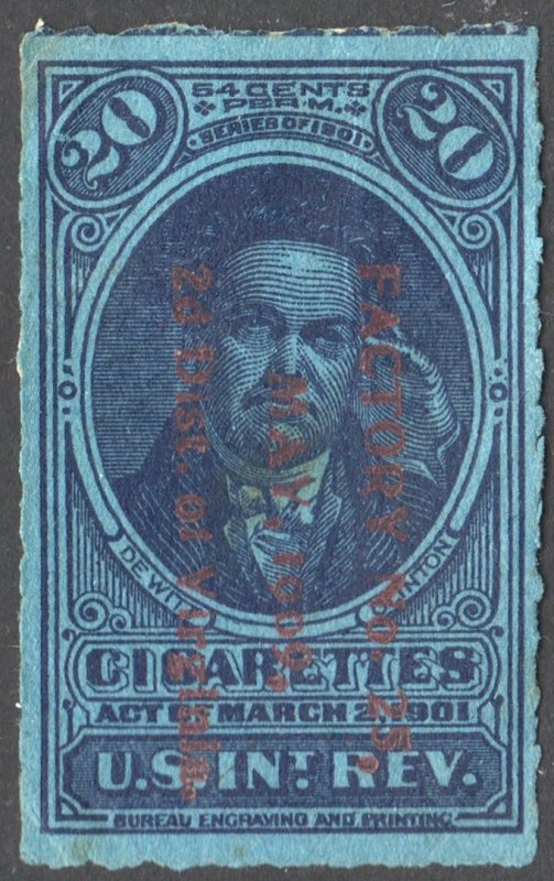 TA77a Series of 1901 Cigarette Revenue Stamp: 20 Cigarettes Used ...