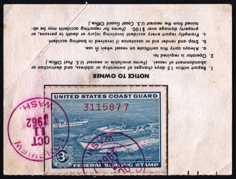 RVB2 $3.00 Federal Boating Stamp: On License (1960) Used / HipStamp