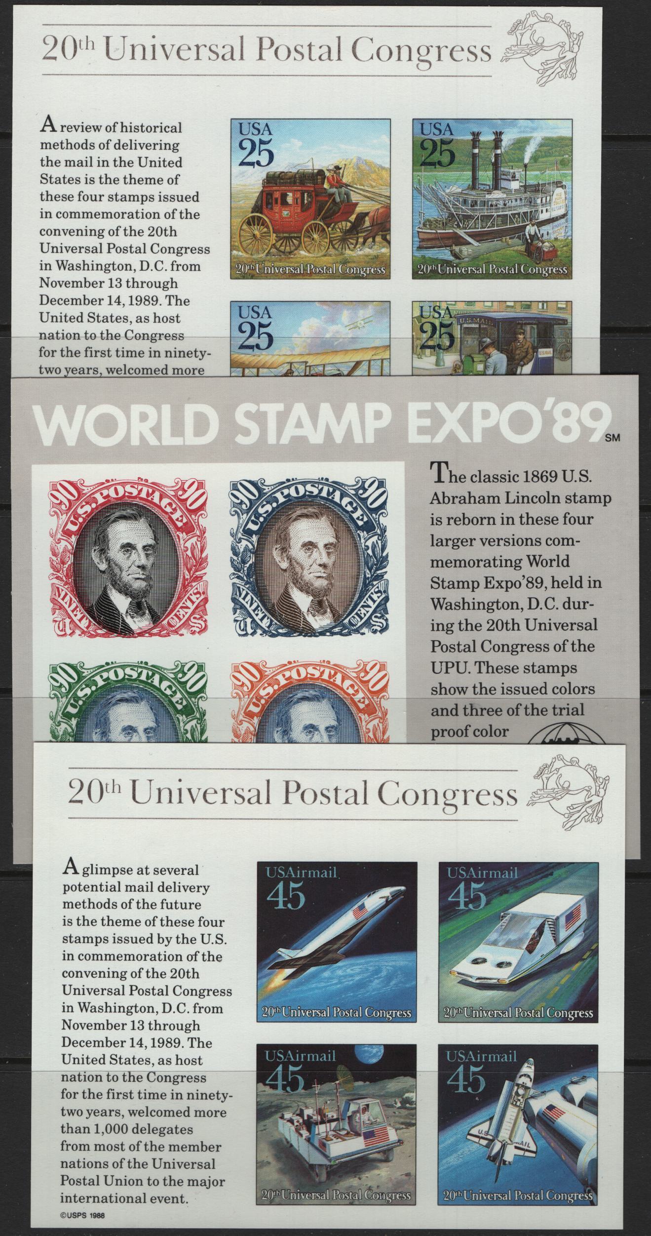 US 2433, 2438, C126 MNH 3 Universal Postal Congress Souvenir Sheets1989 ...
