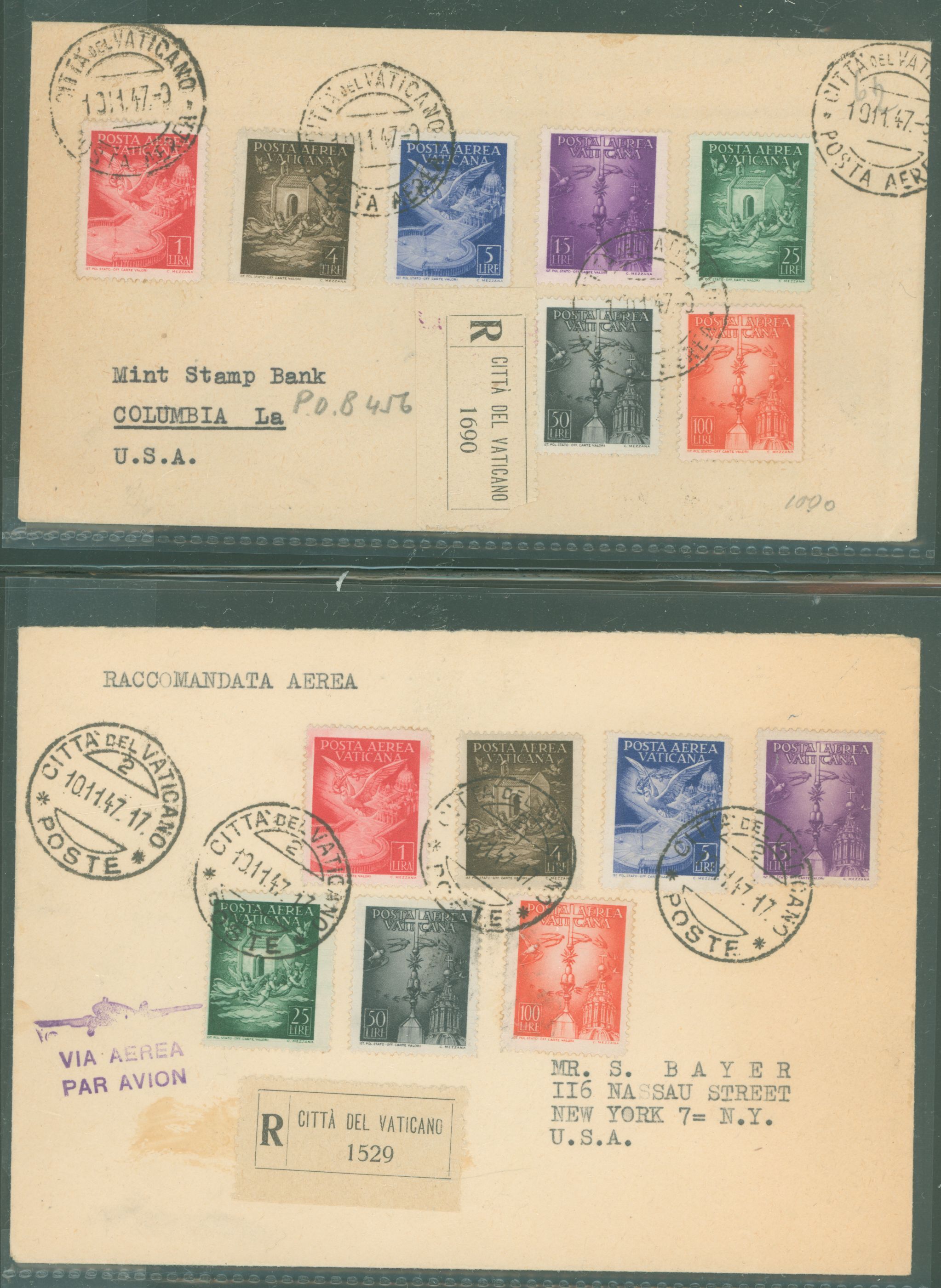 Vatican City C9-C15 1947 2 fdc's: both Reg'd to the U S, each with 3 ...