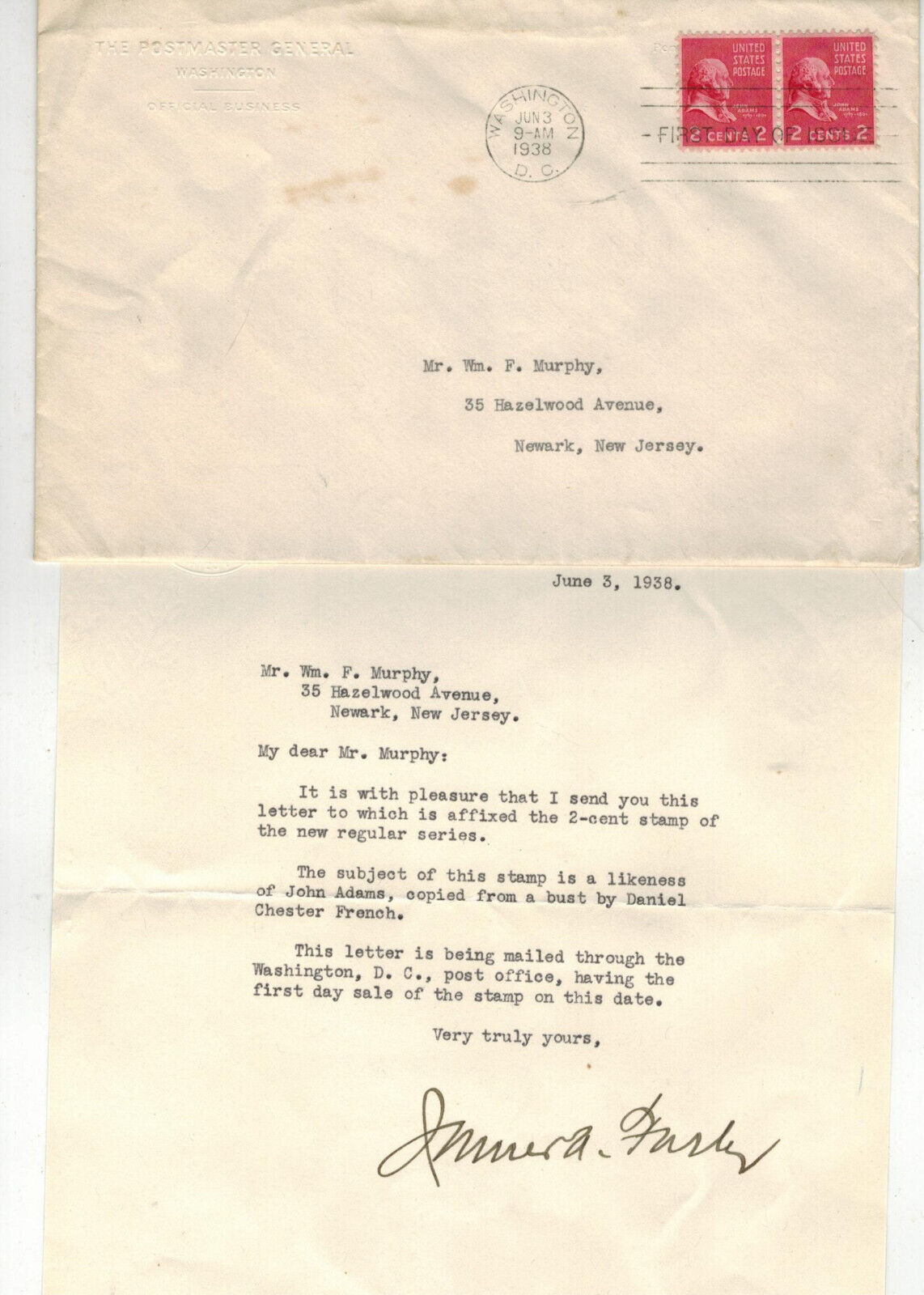 Embossed PMG ENV Signed James Farley Letter 1938 Presidents 806 John ...