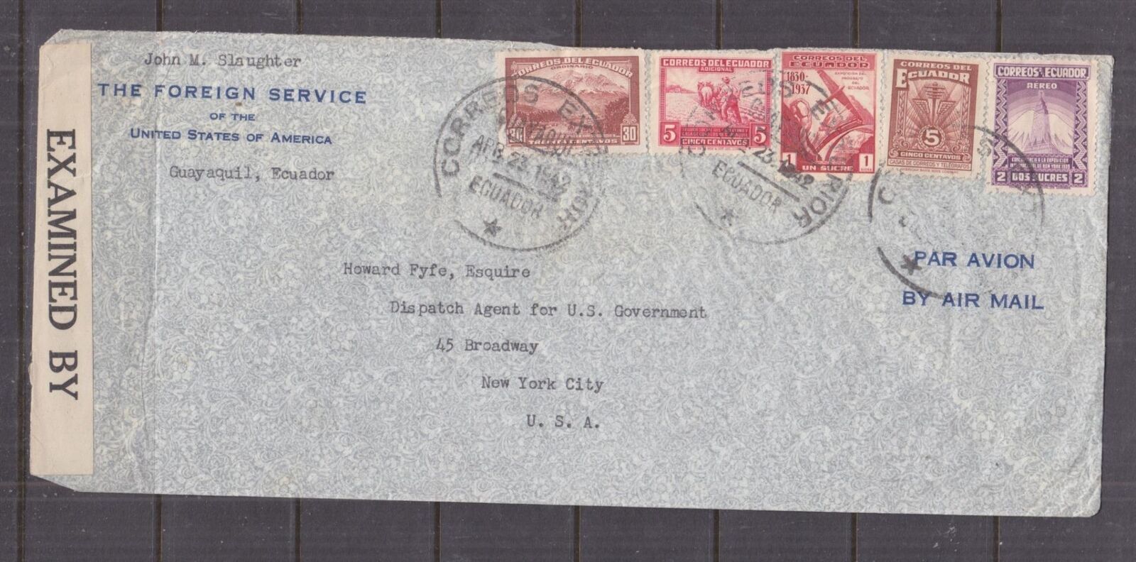 ECUADOR, 1942 long Censored cover, US Foreign Service, Guayaquil to New ...