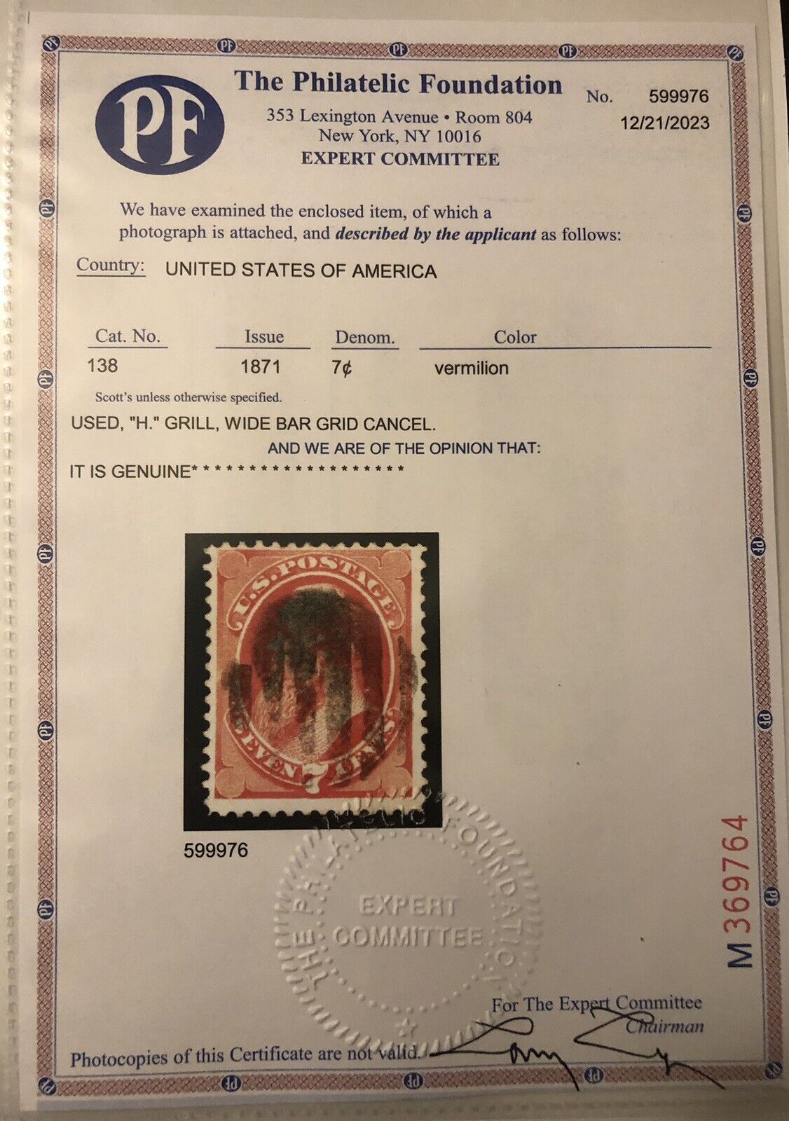 Tangstamp: US Sc #138 Bank Note Stamp H Grill 2023 PF Certificate CV ...