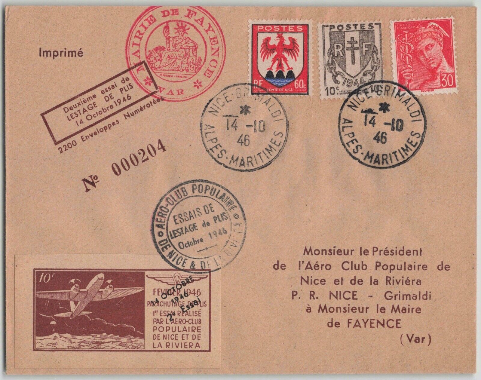 France 1946 Aero Club Nice Grimaldi Parachute Mail 2nd Test Cover w ...