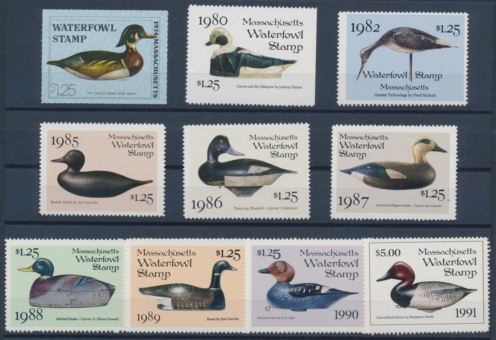 #MA1 // MA18 (10) DIFF MASSACHUSETTS STATE DUCK STAMPS UNUSED NH CV ...