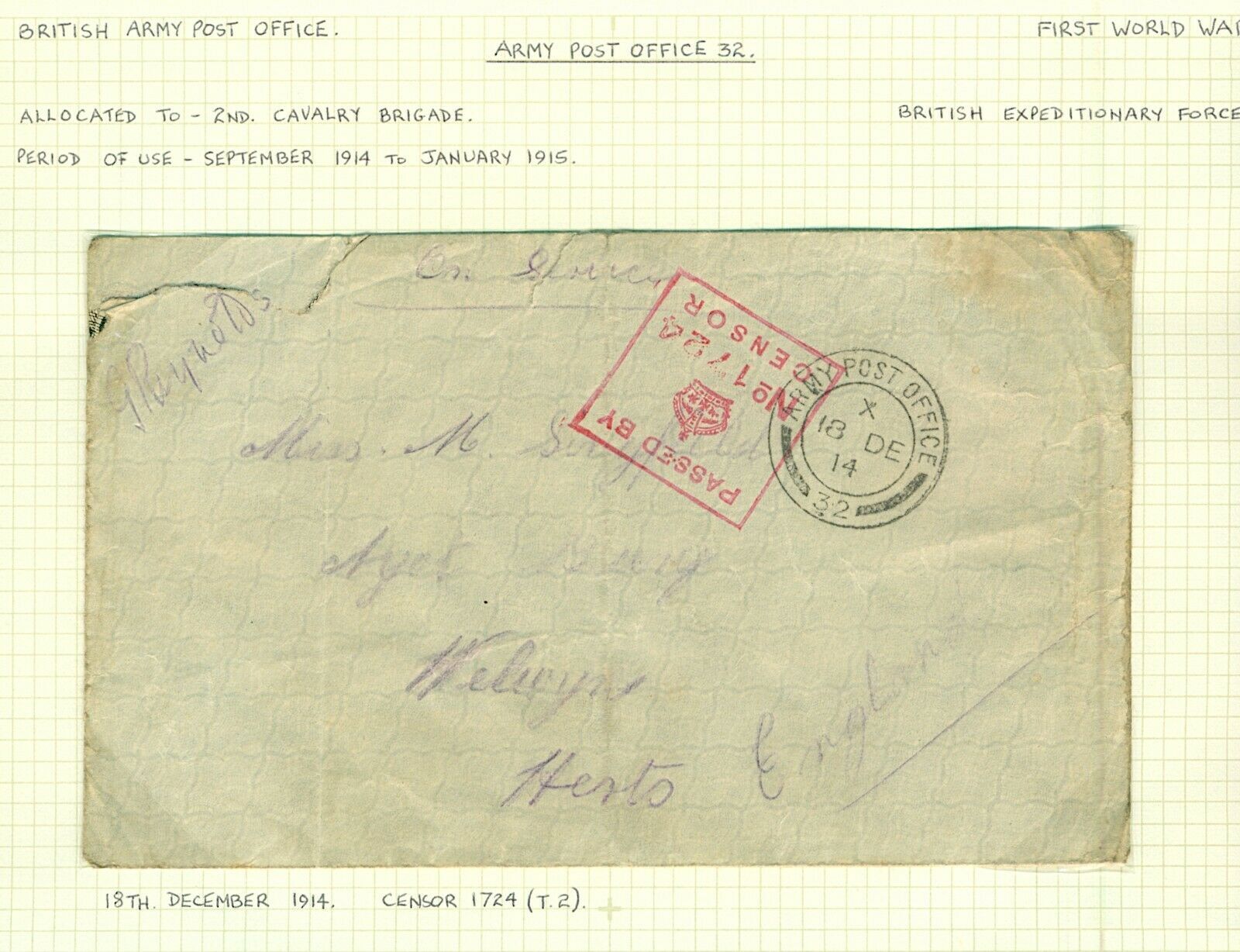 GB 1914 WW1 British Army Post Office 2nd Cavalry Brigade APO 32 Cnsr ...