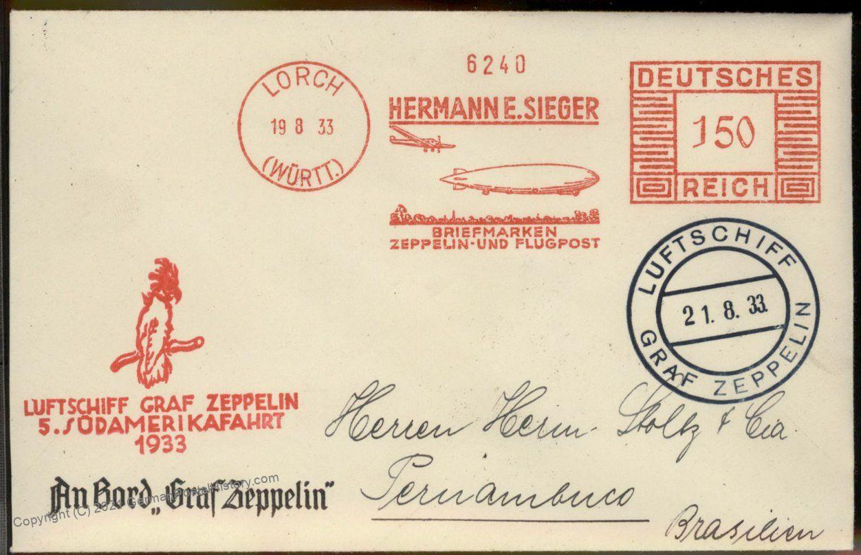 Germany 1933 Graf Zeppelin Si226Ab Brazil 5.SAF Meter Bordpost Parrot ...