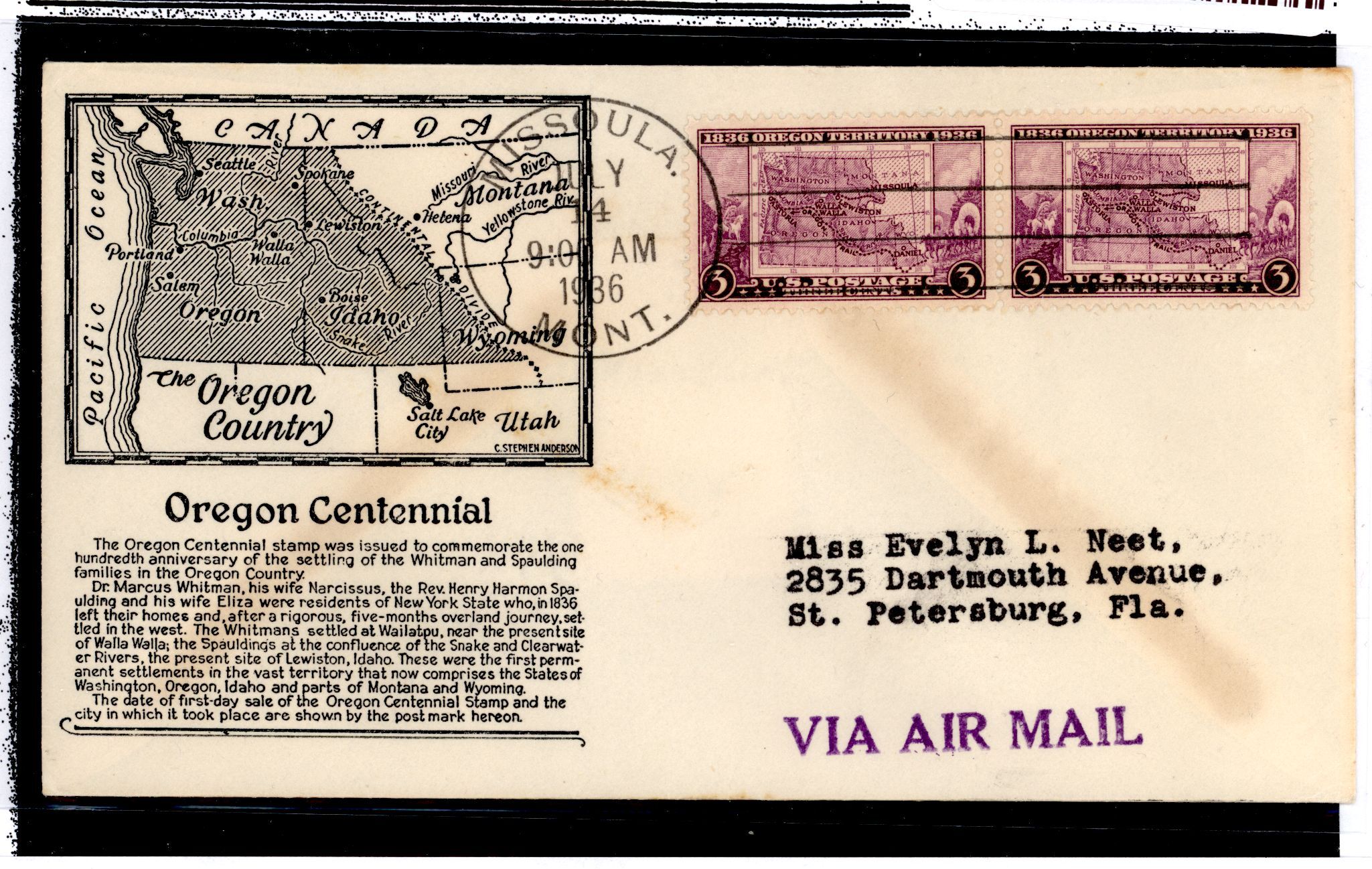 US 783 1936 3c Oregon Territory Centennial pair on an addressed (typed ...