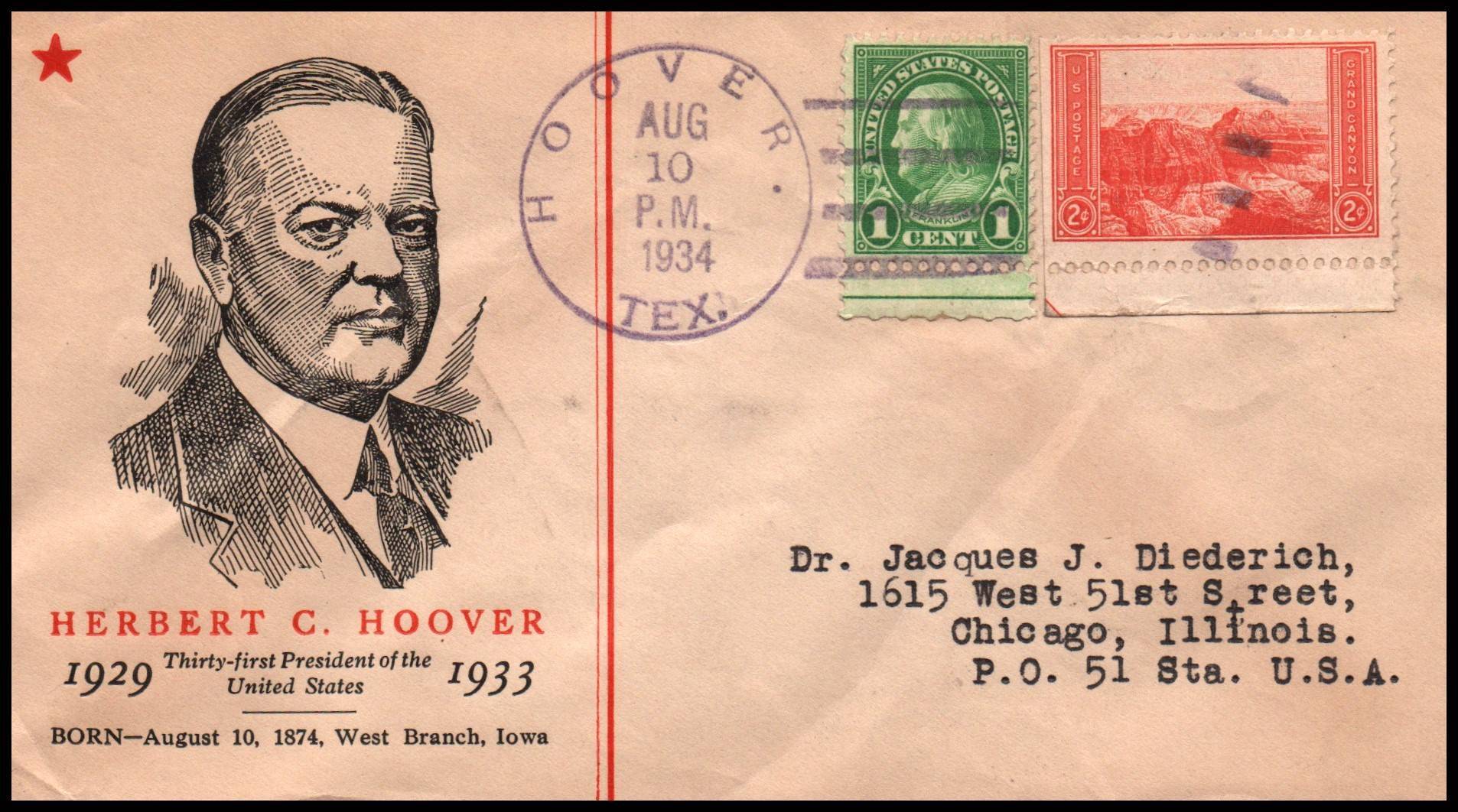US Herbert Hoover Hoover,TX 1934 Linprint Cover | United States, Stamp ...