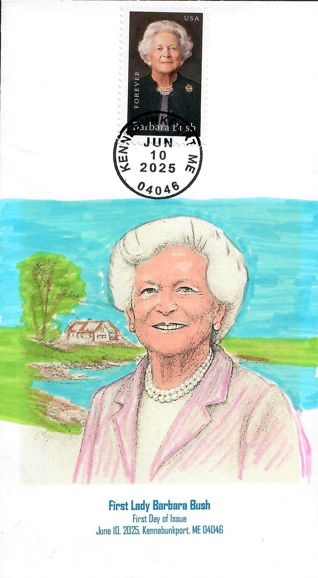 6022-FDC -73c Barbara Bush -Wally Jr Cachet -Hand Painted -First Lady ...