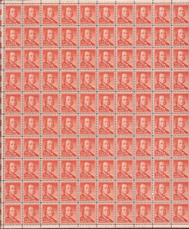 US Stamp - 1955 ½c Benjamin Franklin - 100 Stamp Sheet MNH #1030 ...