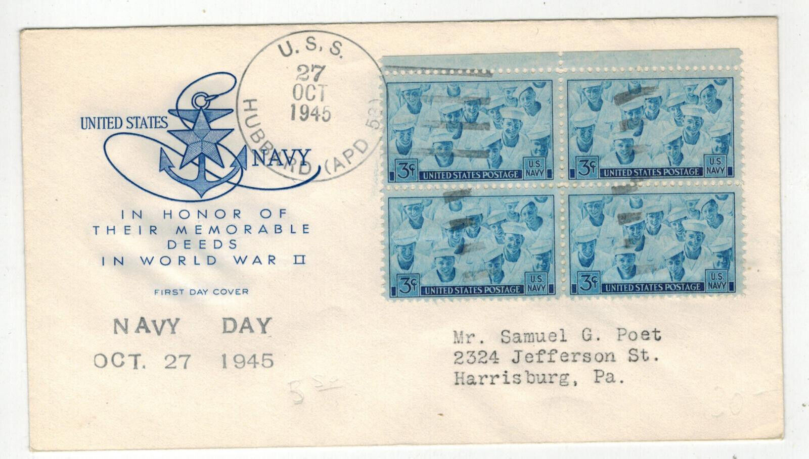 Better Farnam 1945 US NAVY PATRIOTIC #935 UNOFFICIAL RARE USS HUBBARD ...