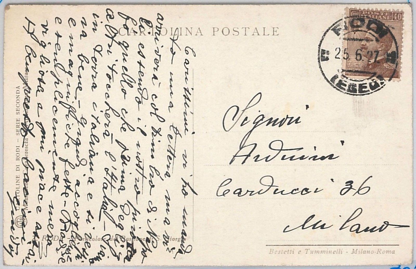 GREECE / Italy - POSTAL HISTORY - POSTCARD from RODI to ITALY 1927 ...