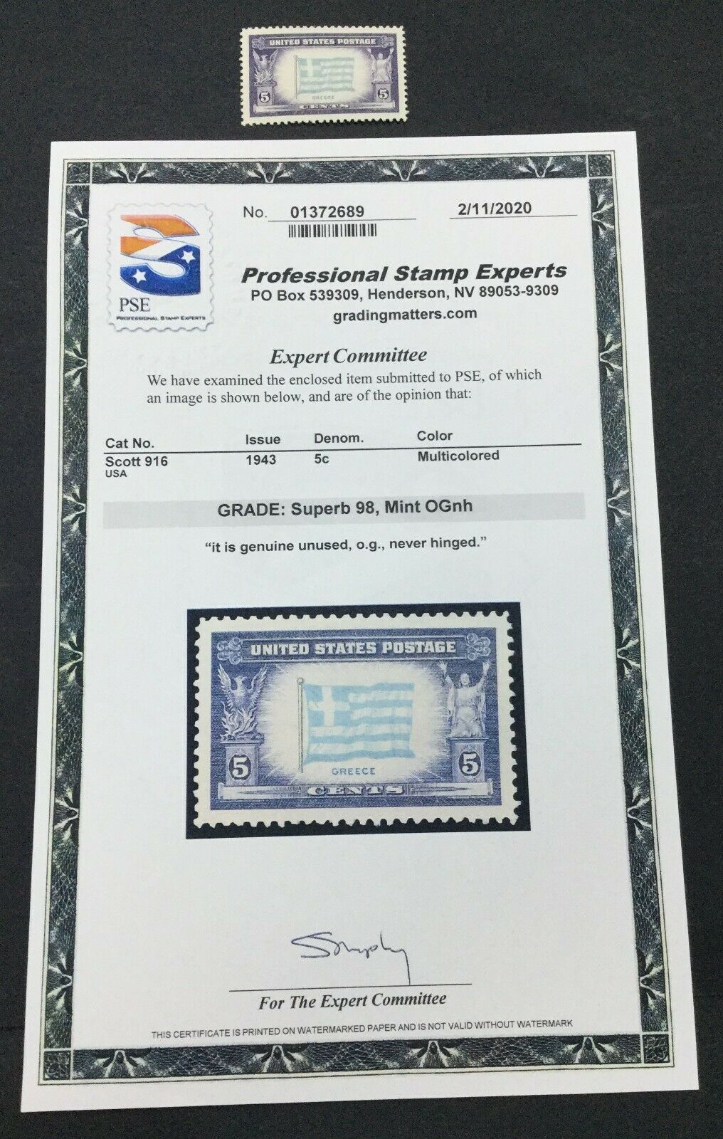 US Stamps #916 Mint OG NH **Pse Graded Cert 98** LOT #35672 | United ...