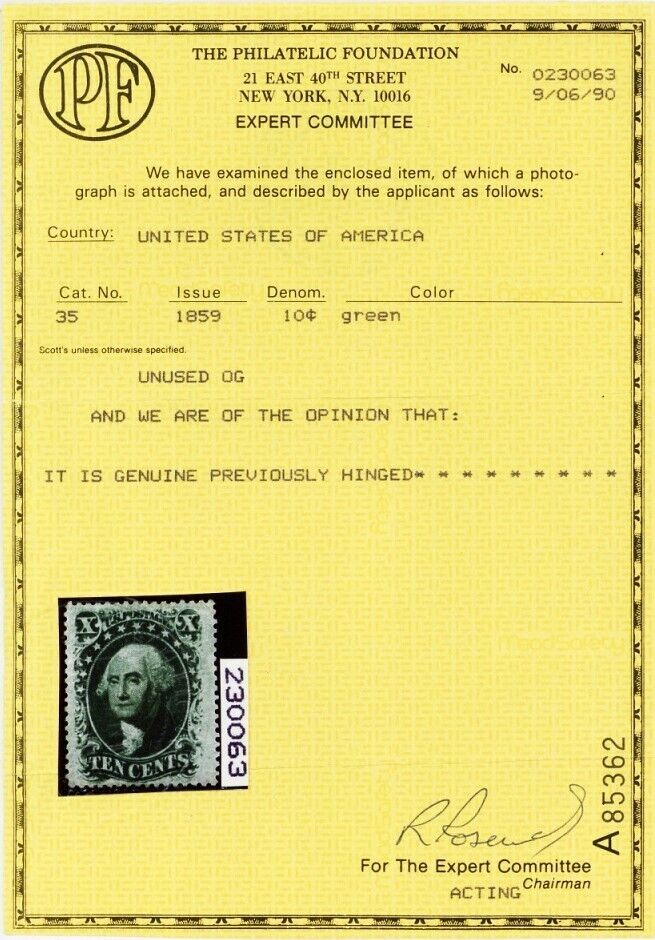 35, Mint VF/XF Barely Hinged 10¢ - With PFC Certificate * Stuart Katz ...