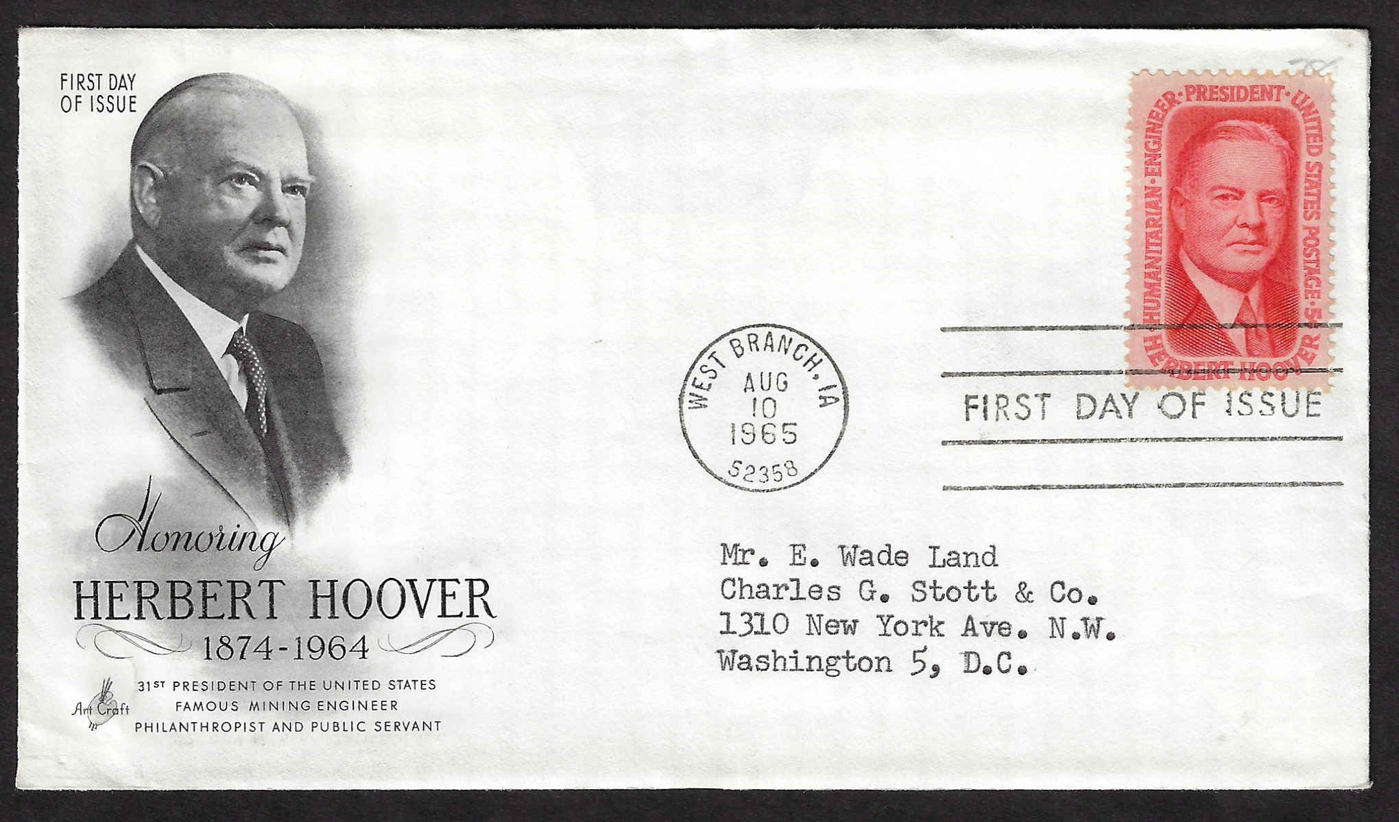 U.S. #1269 5c Herbert Hoover FDC - Artcraft; with enclosure letter ...