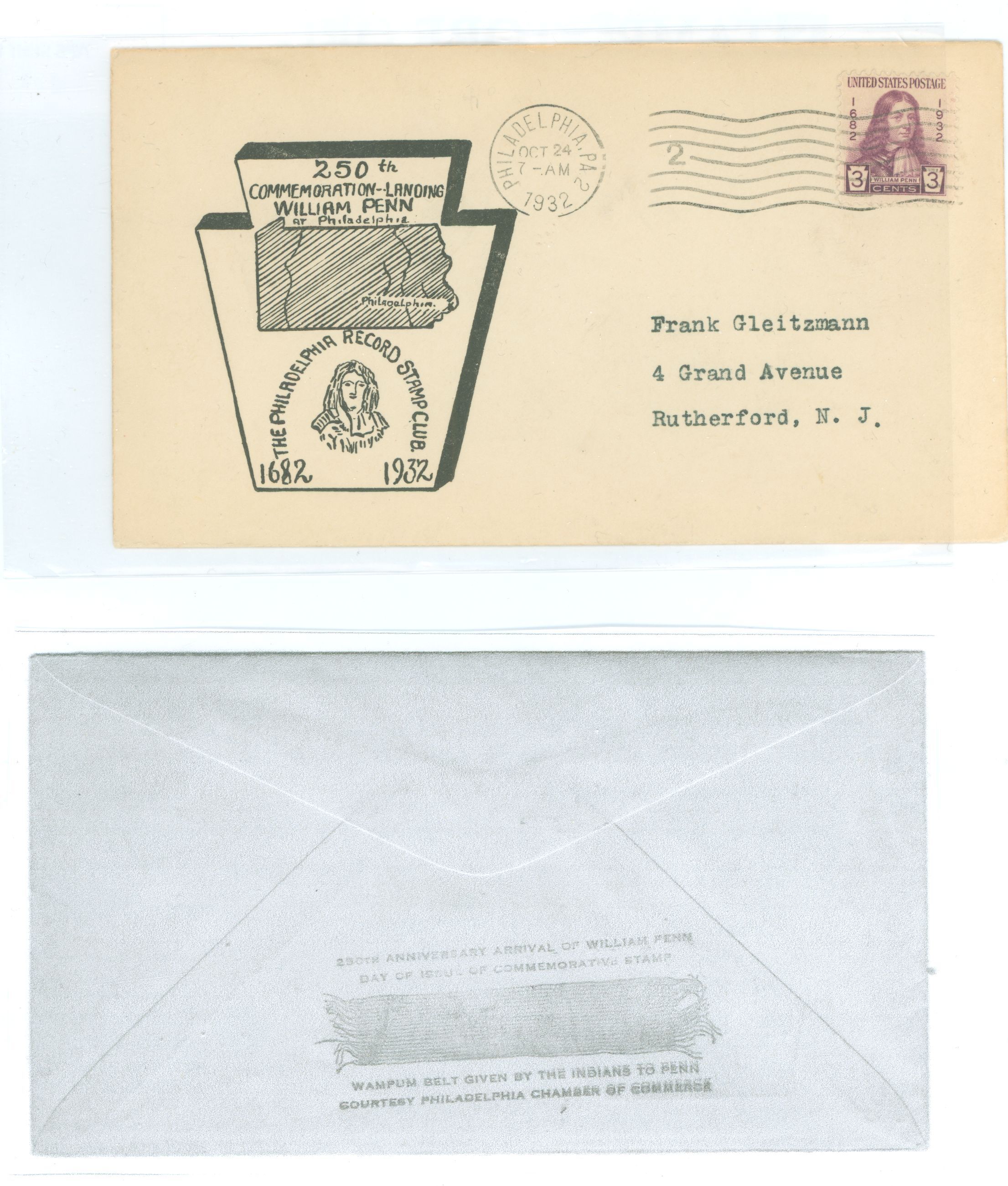 US 724 1932 3c William Penn commemorative on an addressed first day ...