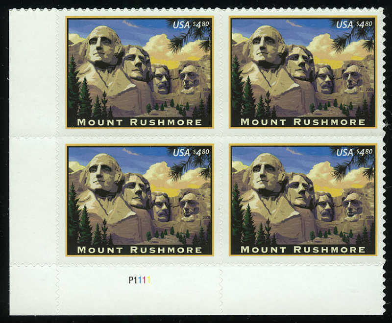 US Stamp - 2008 $4.80 Priority Mail Mt Rushmore - 4 Stamp Plate Block ...