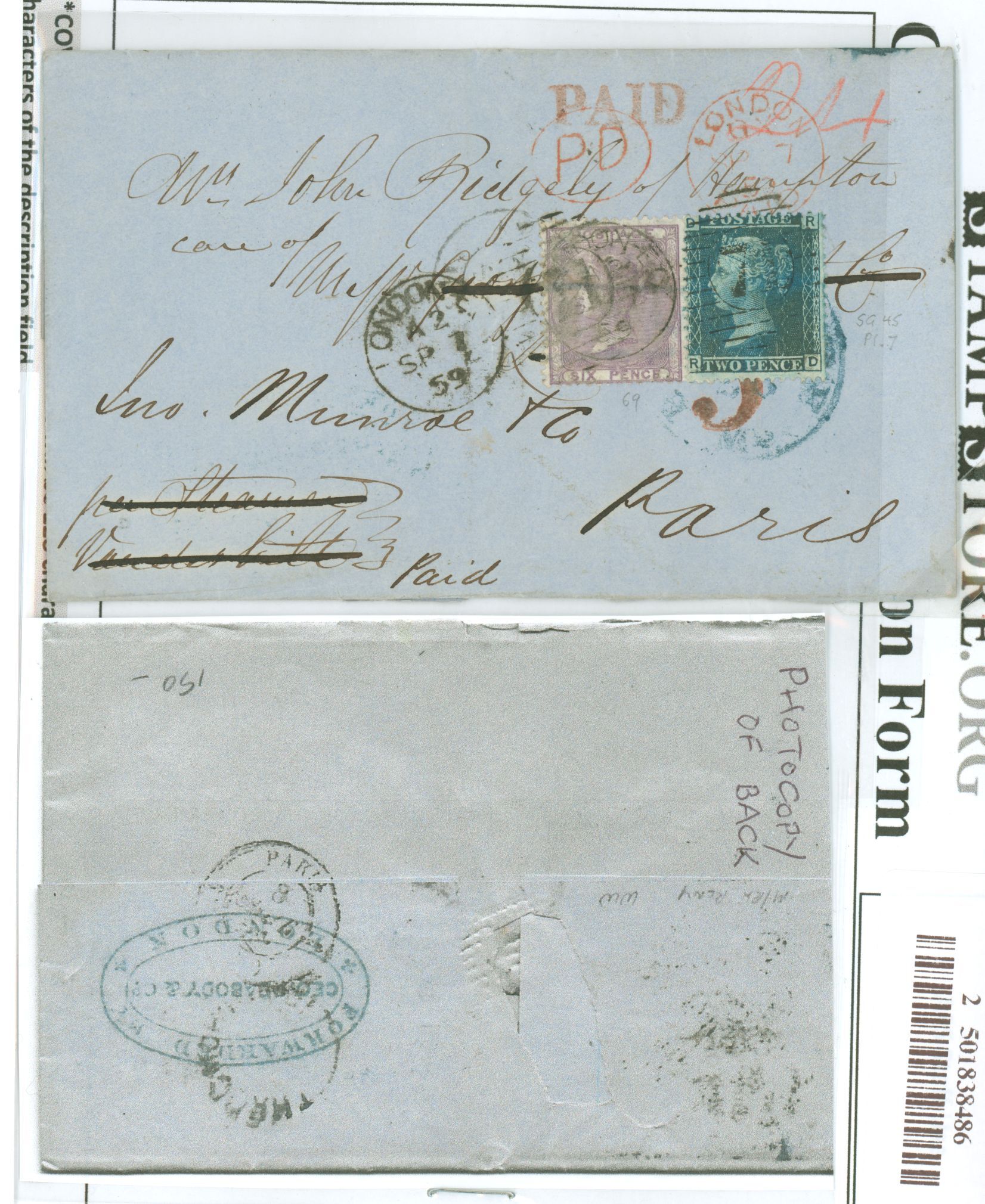 Great Britain 27/29 Folded letter from Baltimore Sept 1859 "Forwarded ...