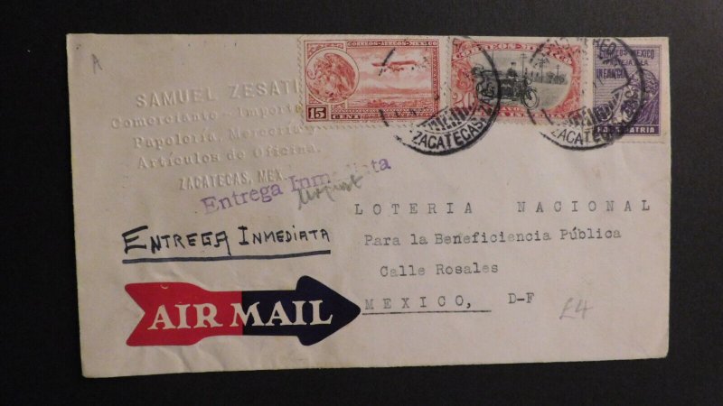 1930 Mexico Airmail Cover Zacatecas Zac to Mexico City Express Mail ...