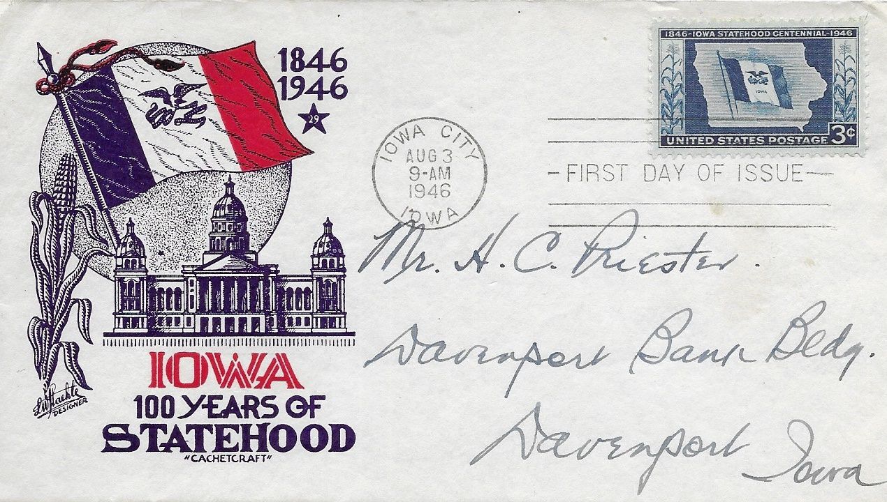 1946 FDC, #942, 3c Iowa Statehood, CC/Staehle | United States, General ...