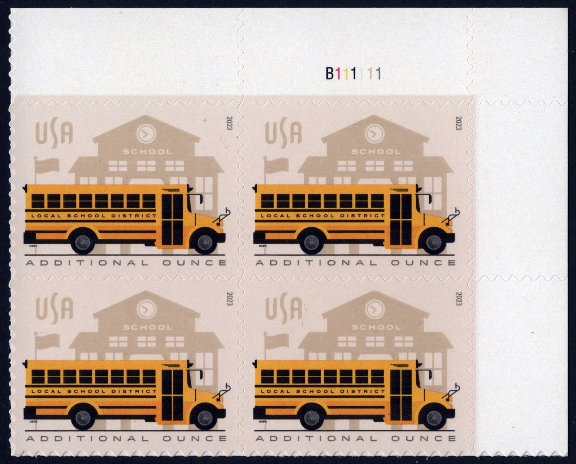 NEW ISSUE (Additional Ounce) School Bus Plate Block: UR #B11111 (2023 ...