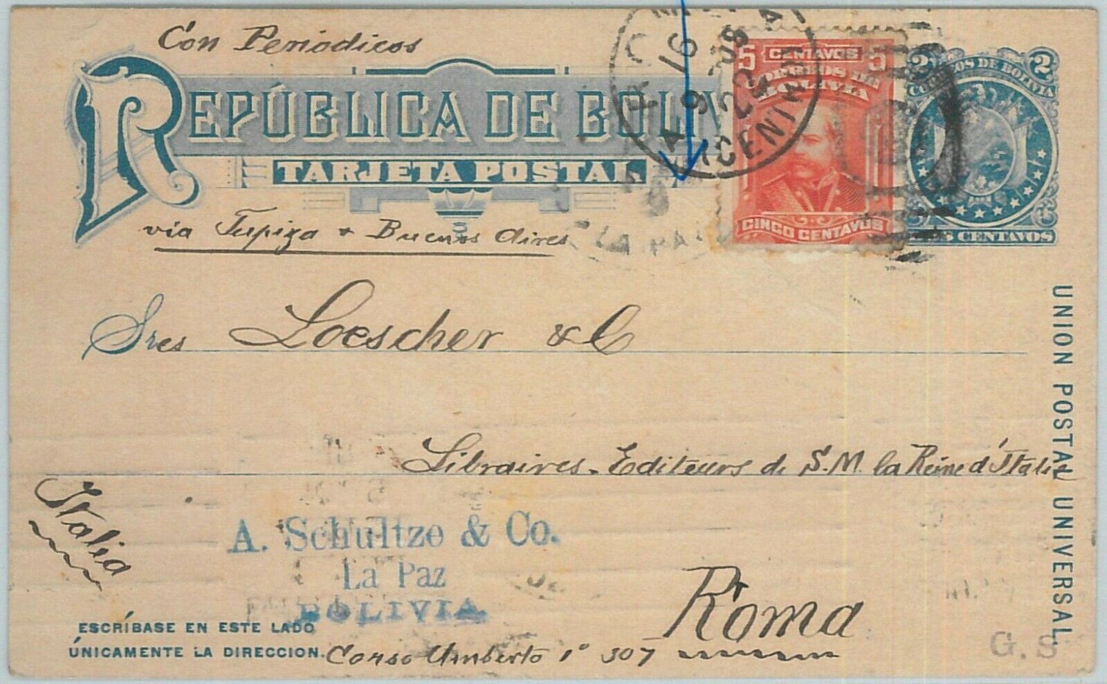 74410 - Bolivia - Postal History - Postal Stationery Card to Italy 1909 ...