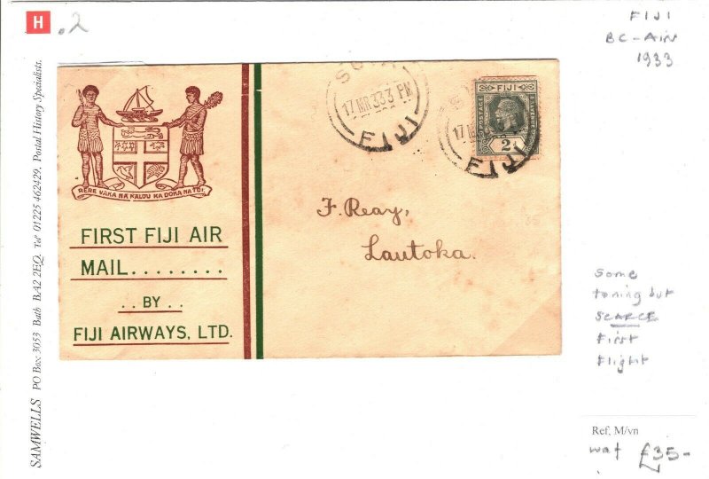 FIJI FIRST FLIGHT COVER Suva Lautoka *Fiji Airways Ltd* 1933{samwells ...