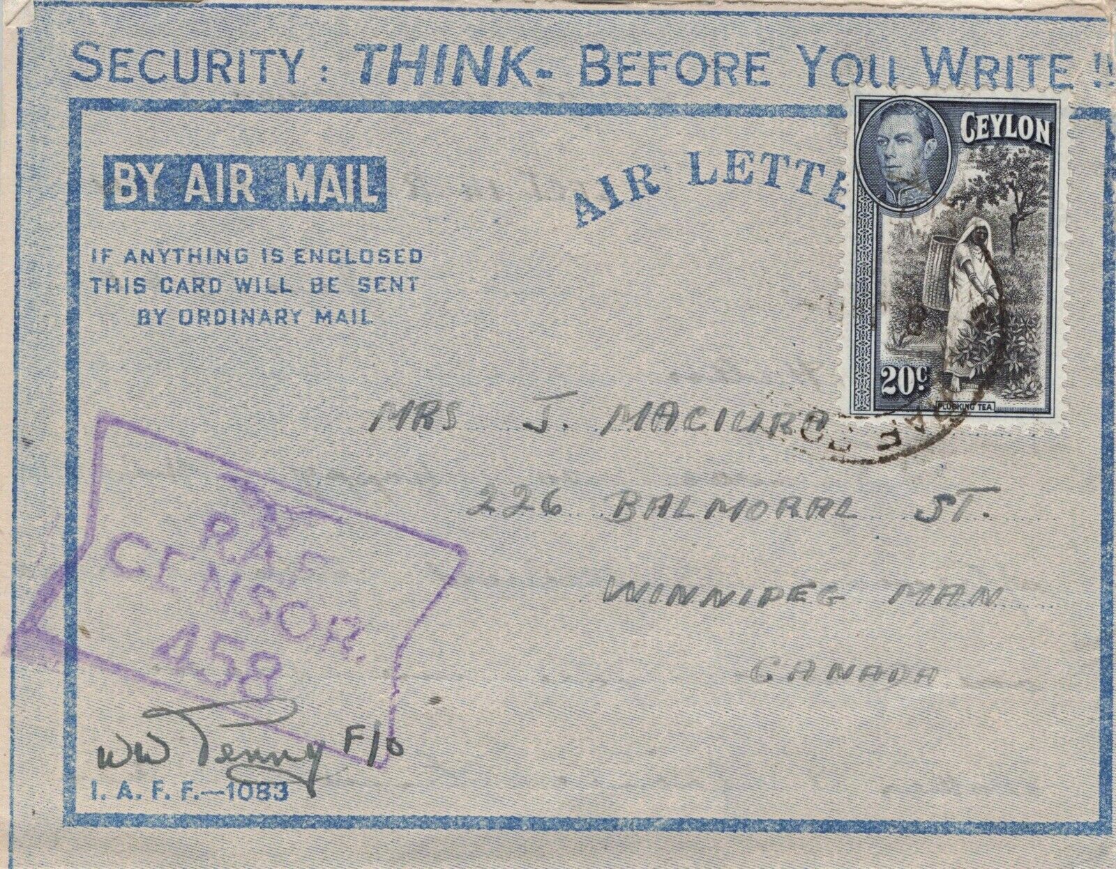 Canada 1944 2x WWII RCAF in Ceylon Censored Military Air Letter to ...
