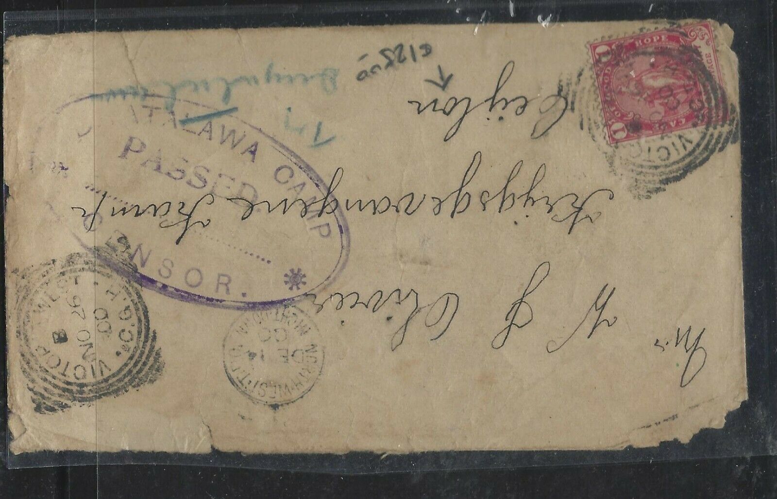 CEYLON (P0808BB)1900 INCOOMING BOER WAR POW CENSOR COVER FROM CAPE OF ...
