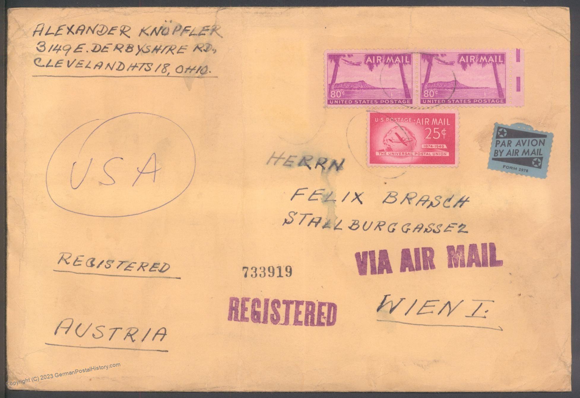 USA 80c Hawaii 1954 Registered Commercial Airmail Double Frank Vienna ...