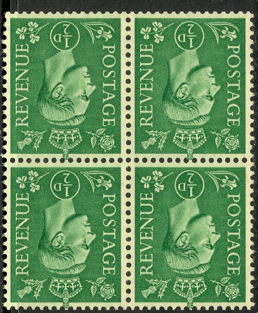 Great Britain 1941-42 Kgvi 1/2d Pale Green Inverted Watermark Blk4 SG ... Great Britain 1941-42 Kgvi 1/2d Pale Green Inverted Watermark Blk4 SG ...