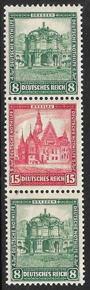 GERMANY 1931 8pf + 15pf +8pf Buildings Se-tenant Strip Mi.S89 MH ...